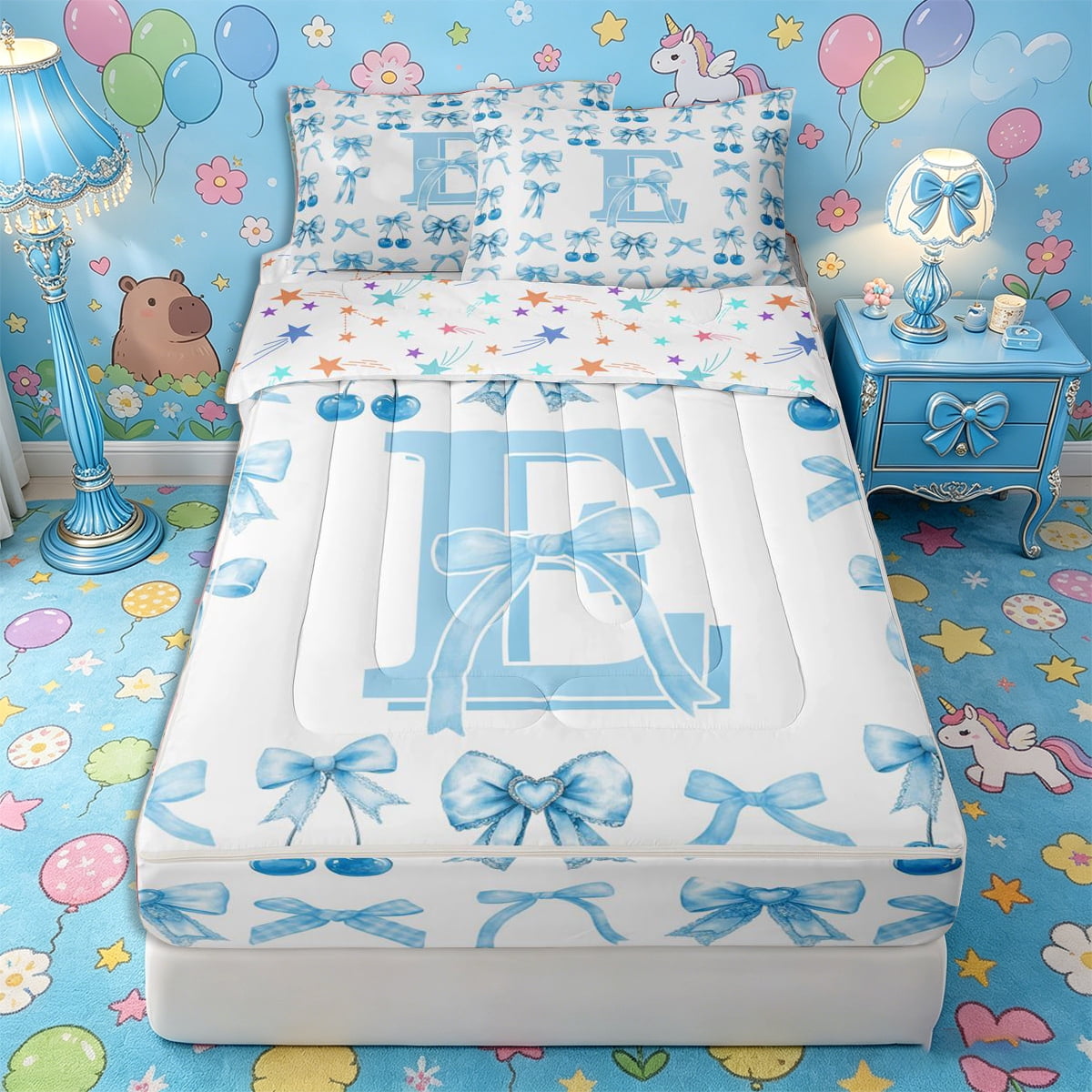 Castle Fairy Blue Cherry Bow Letter E Zipper Twin Comforter Sets with ...