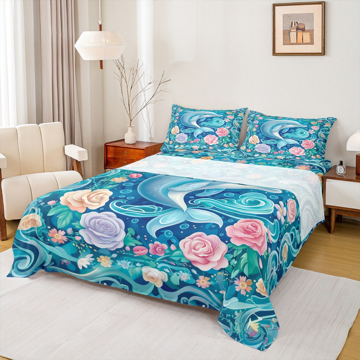 Castle Fairy Blue Dolphin 4pcs Bed Sheets,Floral Rose King Sheets,Ocean ...