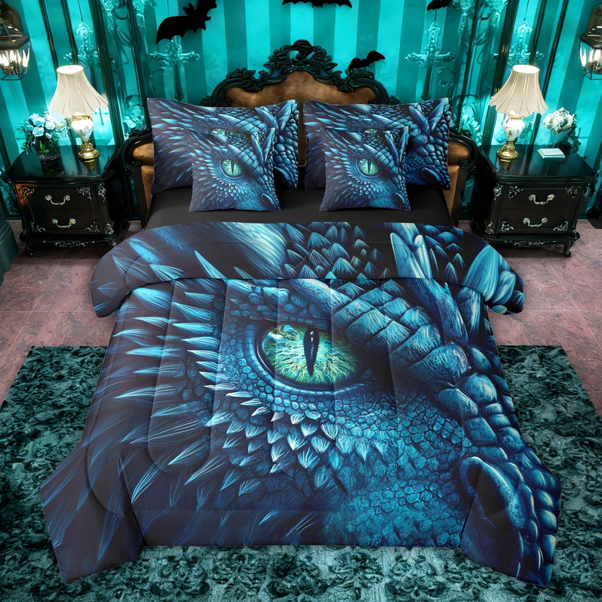 Castle Fairy Blue Dragon Bedding Comforter Set,Abstract Wildlife Queen ...