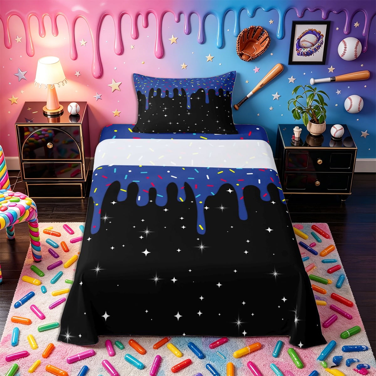 Castle Fairy Blue Ice Cream Drip Twin Sheets 3pcs, Starry Sky Bedding,1 ...