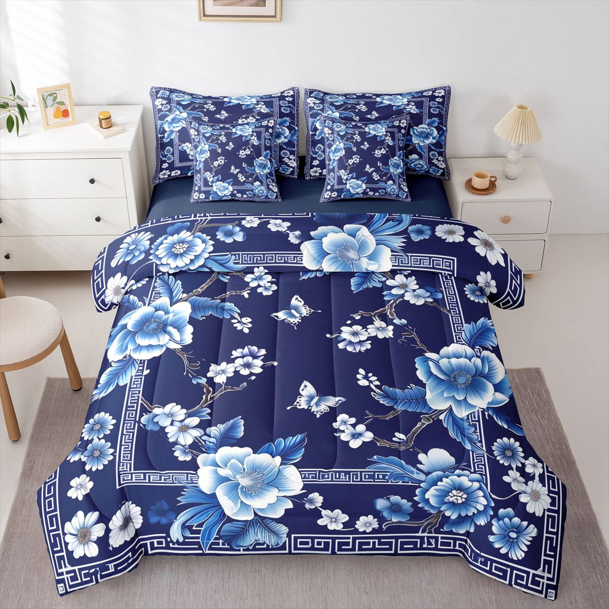 Castle Fairy Blue Peony Bedding Comforter Set,Chic Floral Flower Queen ...