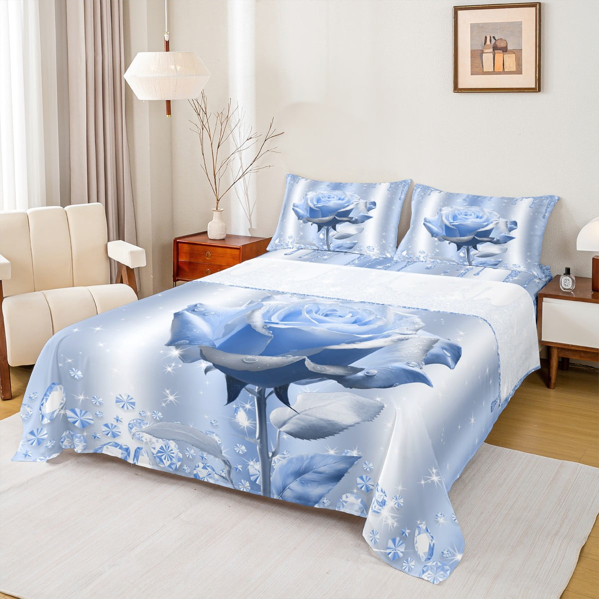 Castle Fairy Blue Rose 4pcs Bed Sheets,Bling Glitter King Sheets ...