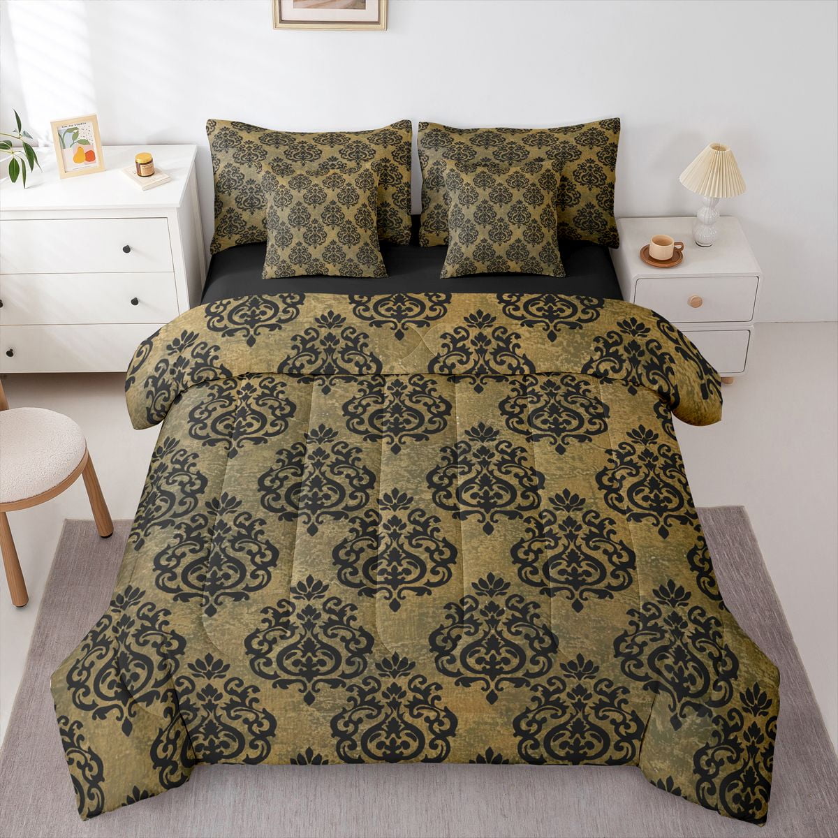 Castle Fairy Bohemian Black Damask Bedding Comforter Set 7 Pieces for ...