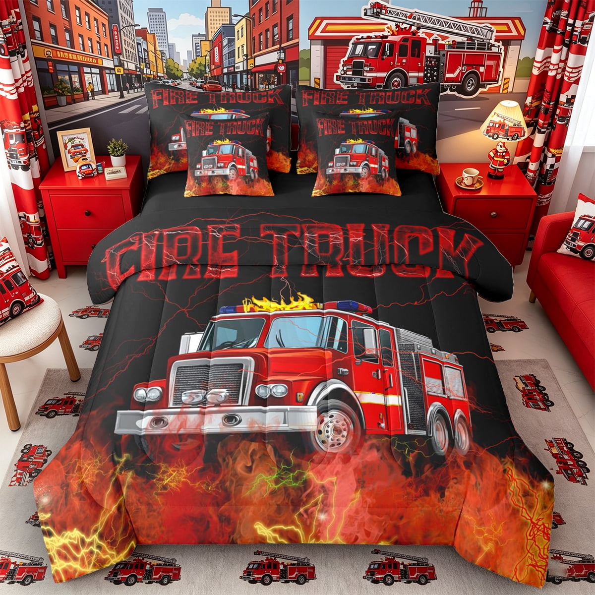 Castle Fairy Bold Fire Truck Twin Bedding Sets 7-Piece for Boys, Flame ...