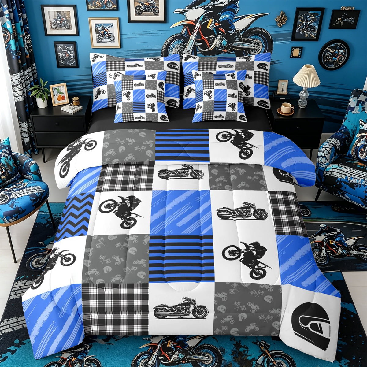 Castle Fairy Bold Motocross Bedding Comforter Set 7pcs for Kids, Plaid ...
