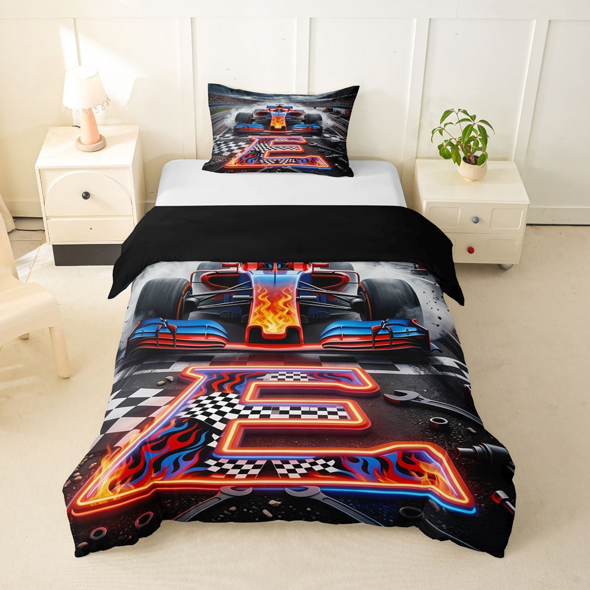 Castle Fairy Bold Race Car Twin Bedding for Kids, Neon Letter E Duvet ...