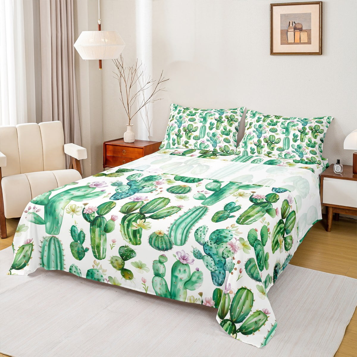 Castle Fairy Botanical Cactus Twin Sheet Sets for Female Men,Green ...