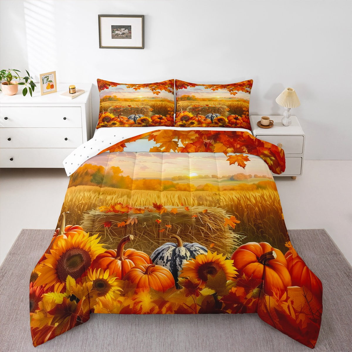 Castle Fairy Botanical Pumpkin 3-Piece Full Size Comforter Sets,Floral ...