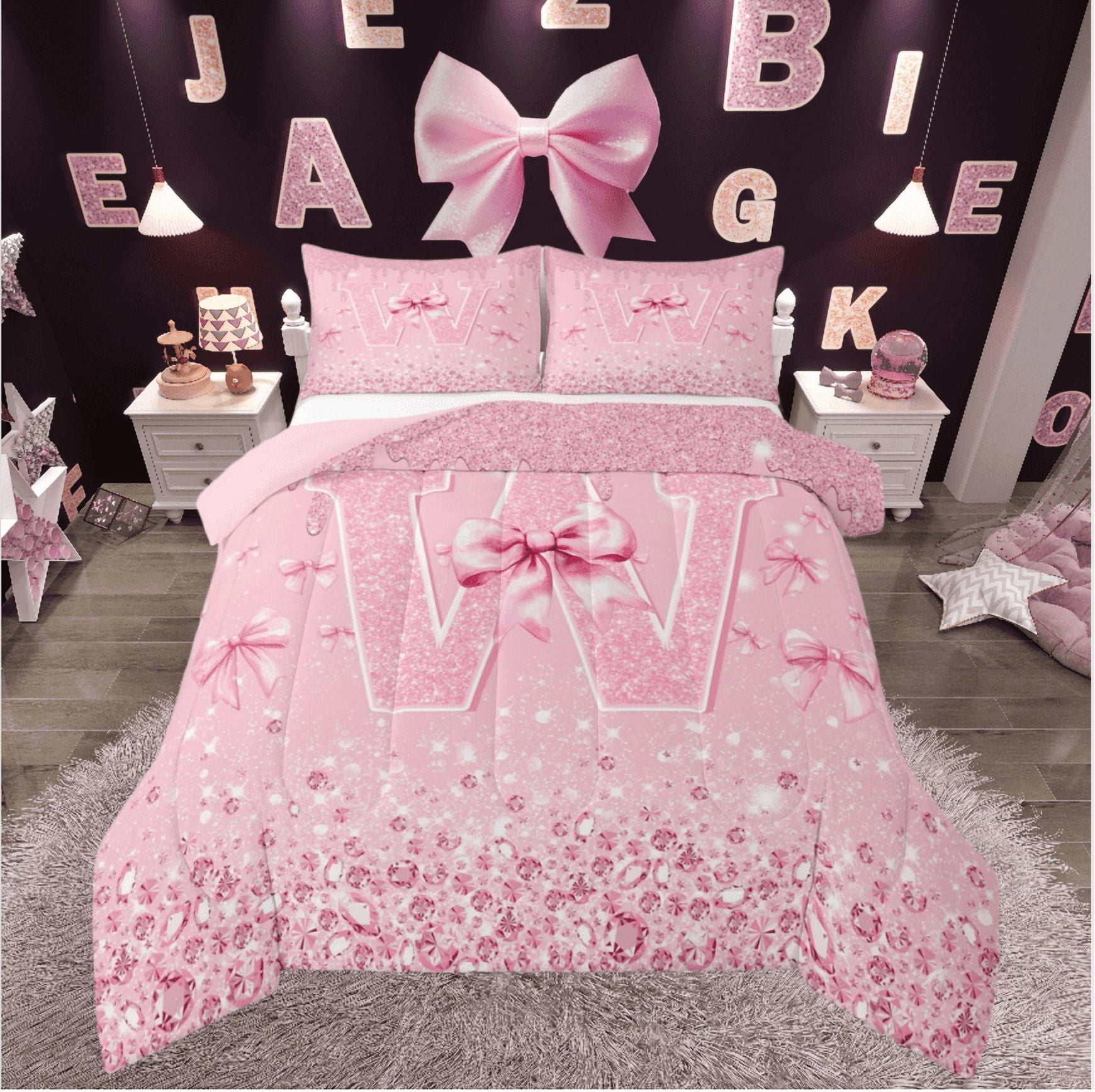 Castle Fairy Bow Alphabet W Girl 3-Piece Full Size Comforter Sets ...