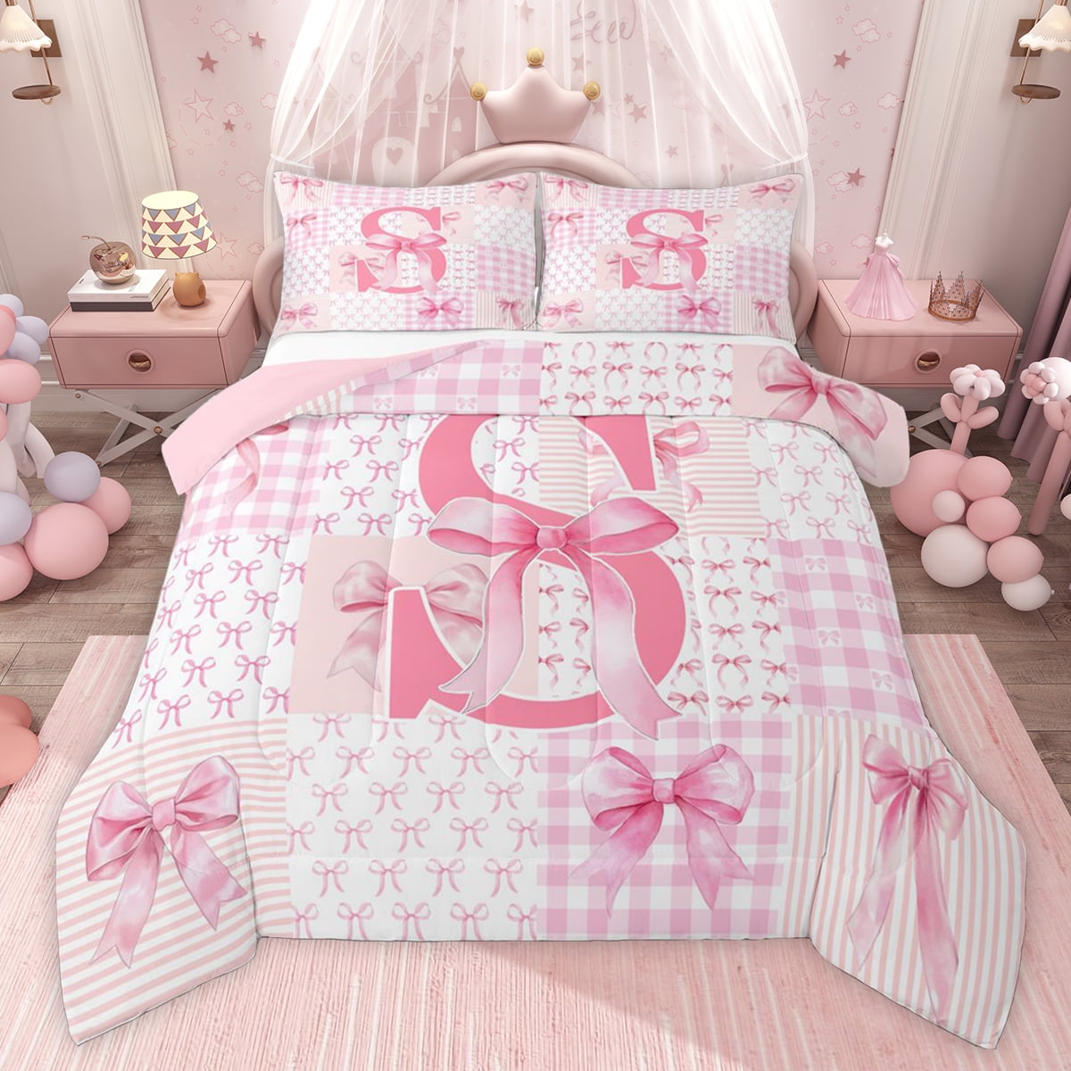 Castle Fairy Bow Knot Personalized Initial S Twin Comforter Sets,Pink ...