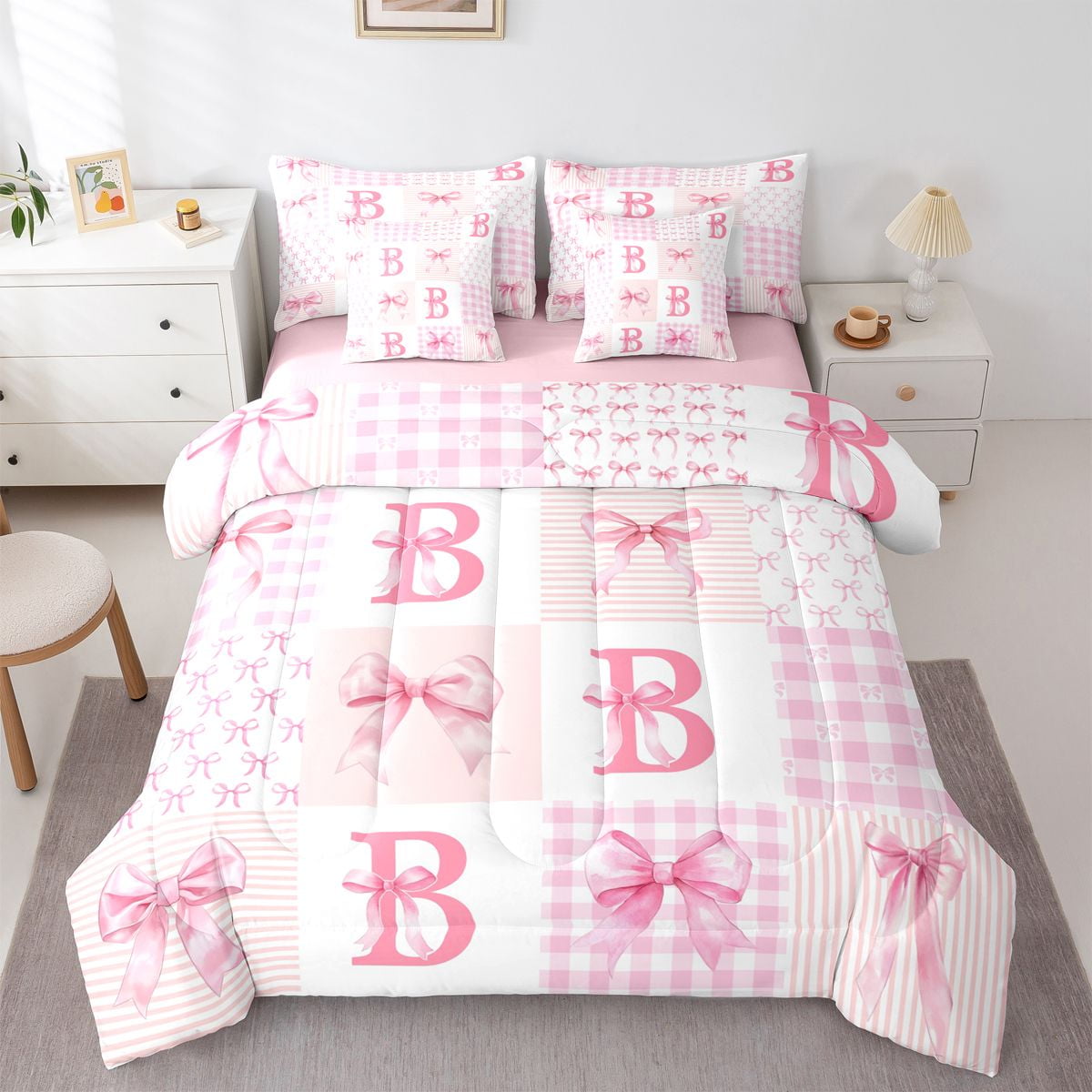 Castle Fairy Bow Letter Monogrammed B Bedding Comforter Set,Cute Plaid ...