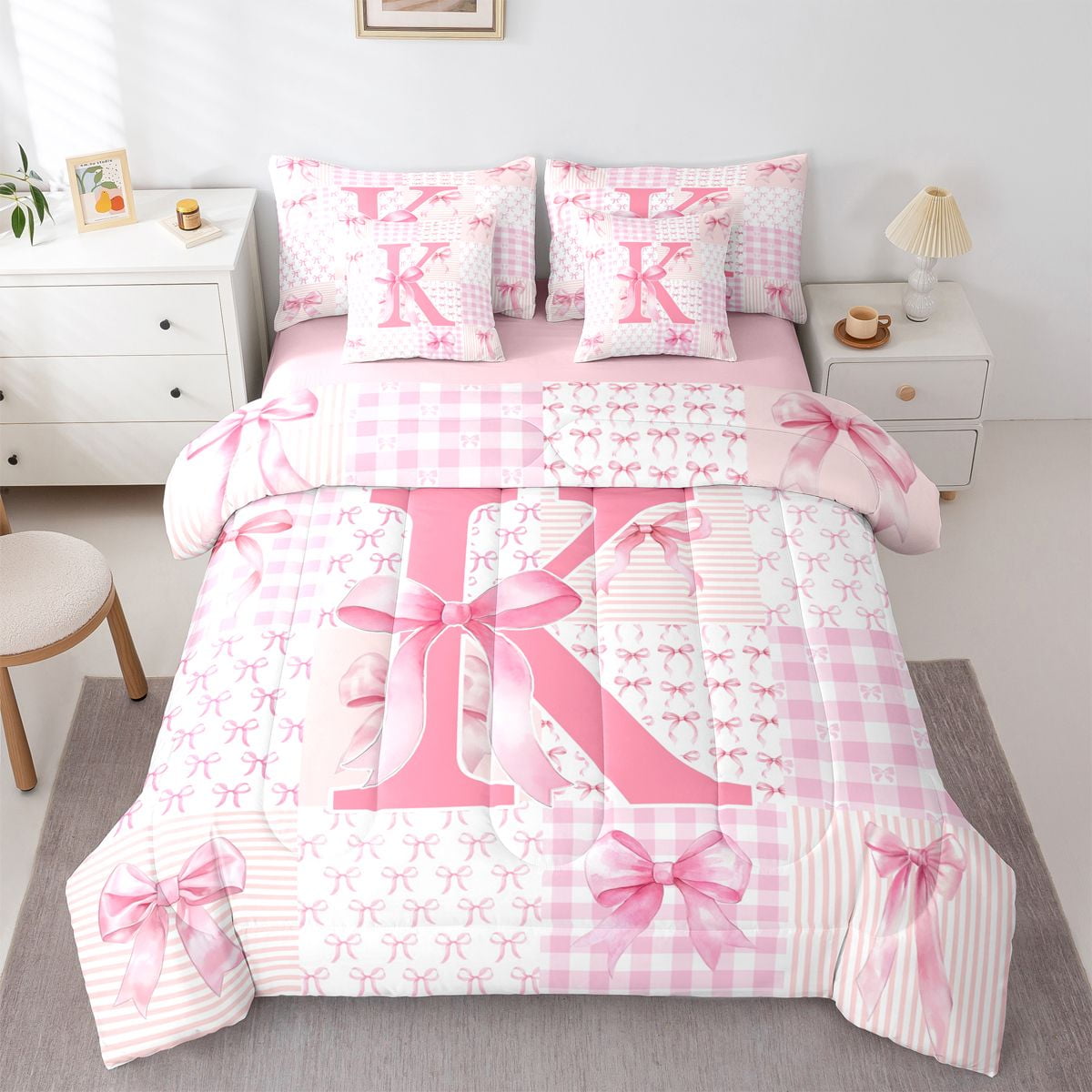 Castle Fairy Bow Letter Monogrammed K Bedding Comforter Set,Kawaii ...
