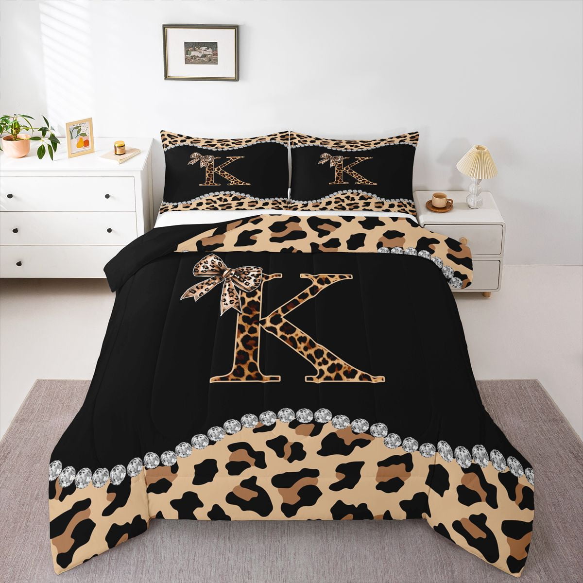 Castle Fairy Bow Letter Monogrammed K Queen Comforter Set,Cheetah ...