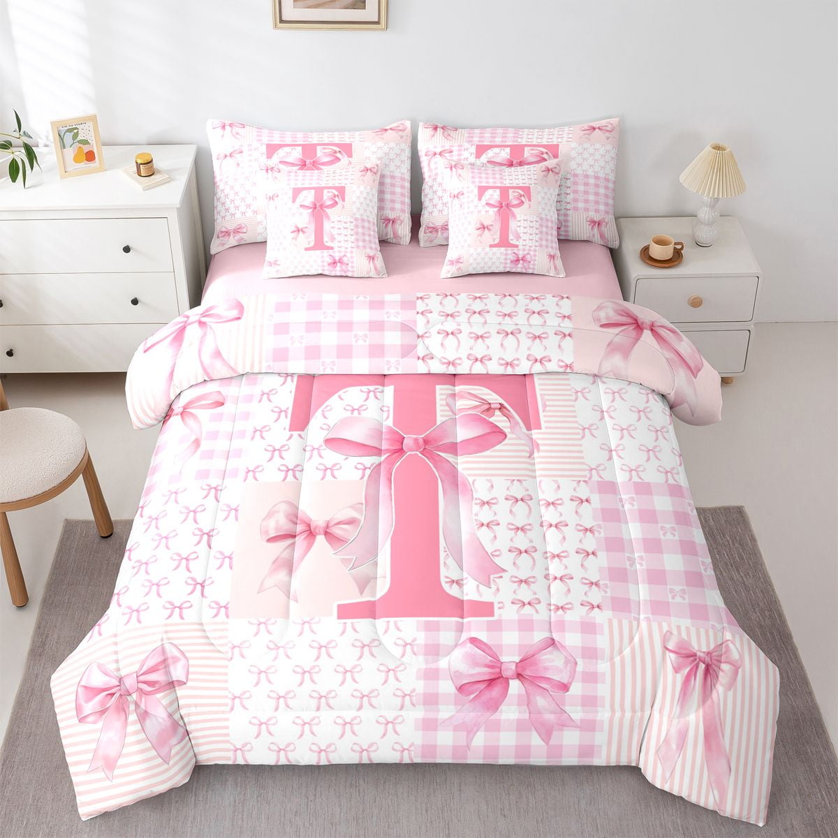 Castle Fairy Bow Letter Monogrammed T Bedding Comforter Set,Kawaii ...