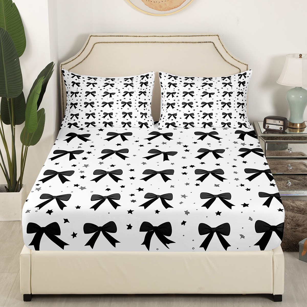 Castle Fairy Bow Tie Stars 4 Pieces Queen Sheet Sets,Black White Ultra ...