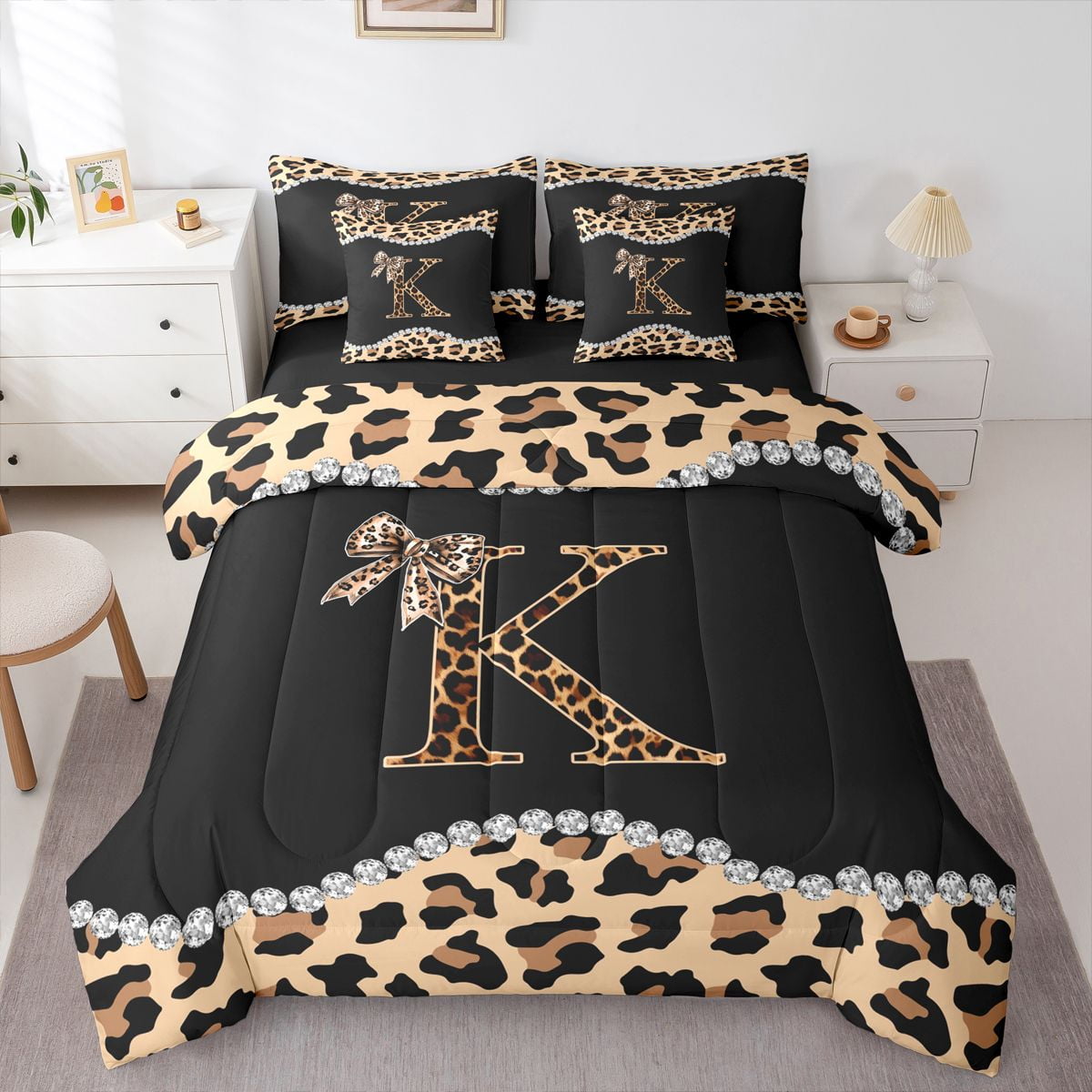 Castle Fairy Bowknot Letter Monogrammed K Twin Bedding Sets,Cheetah ...
