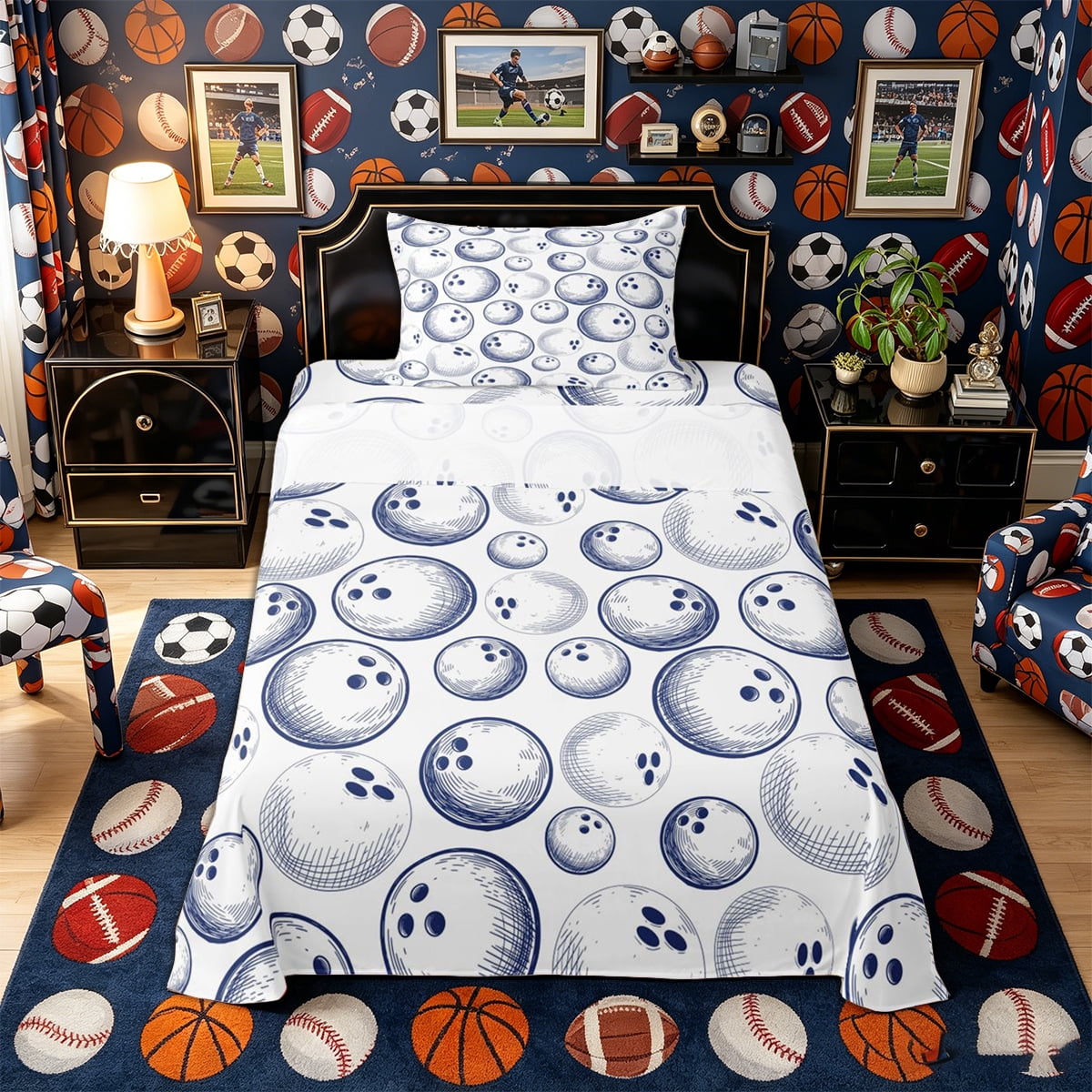 Castle Fairy Bowling Print Twin Sheets 3pcs, Sport Theme Bedding, White ...