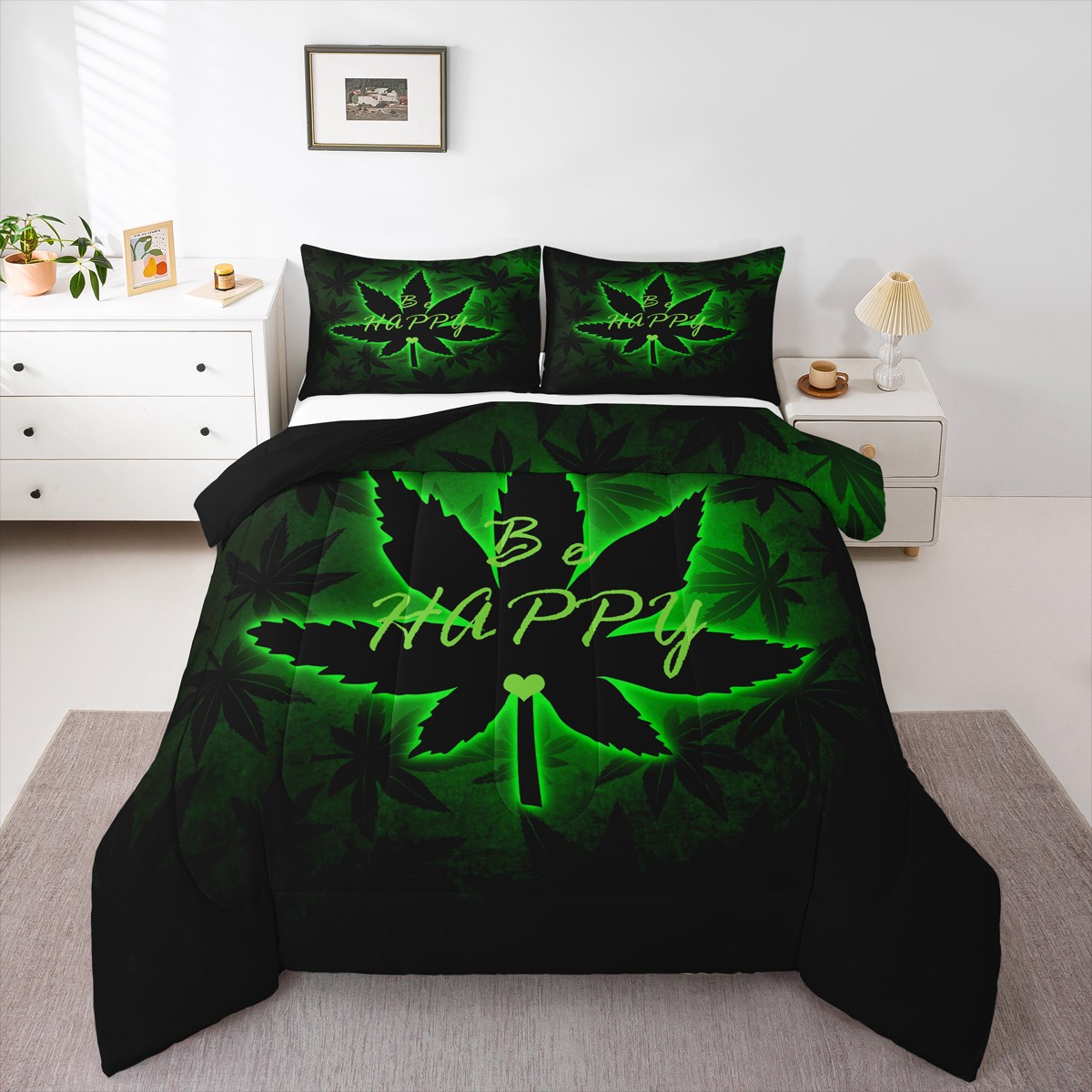 Castle Fairy Boy Neon Leaf 3-Piece Full Size Comforter Sets,Black Green ...