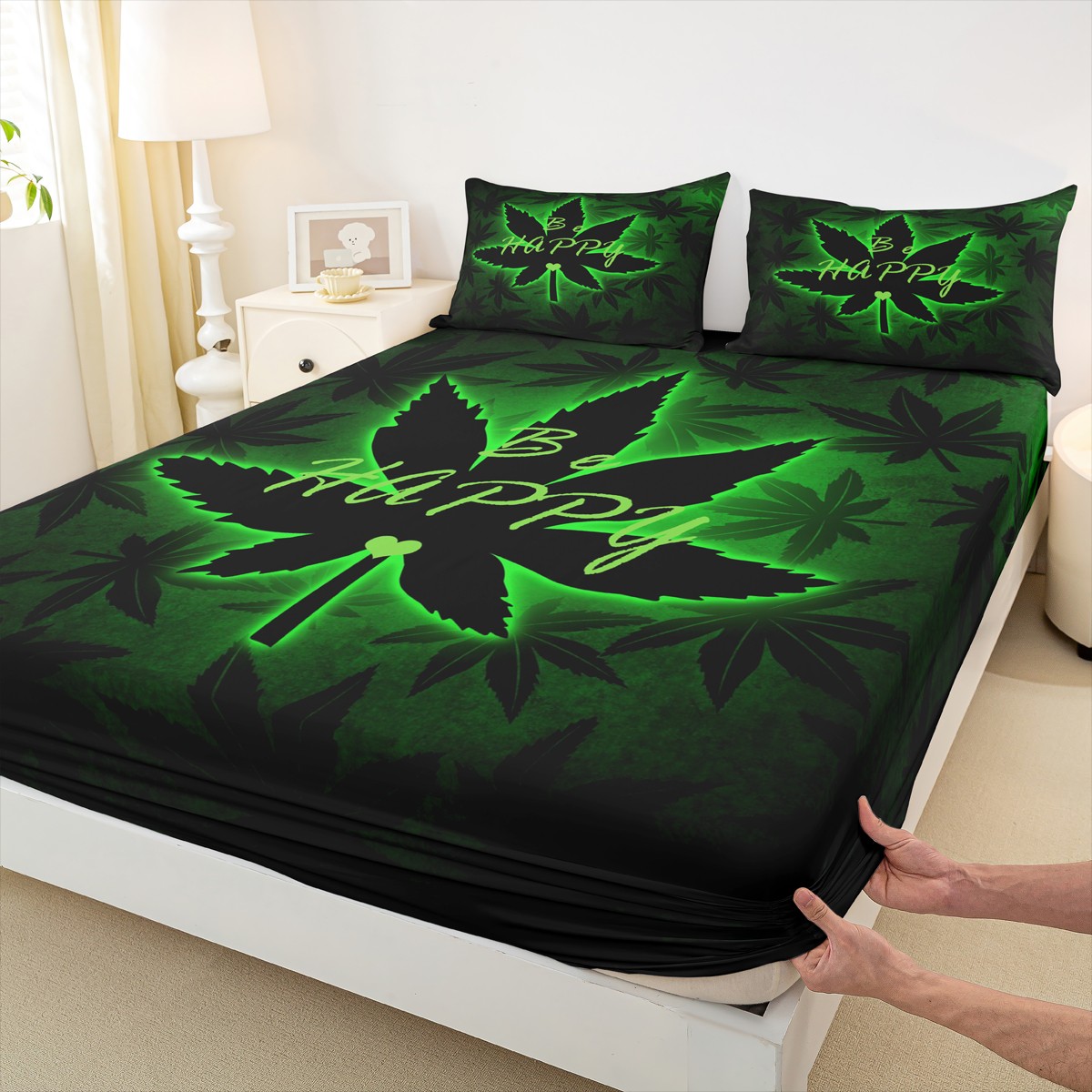 Castle Fairy Boy Neon Leaf 4-Piece Full Size Sheets,Black Green Bed ...