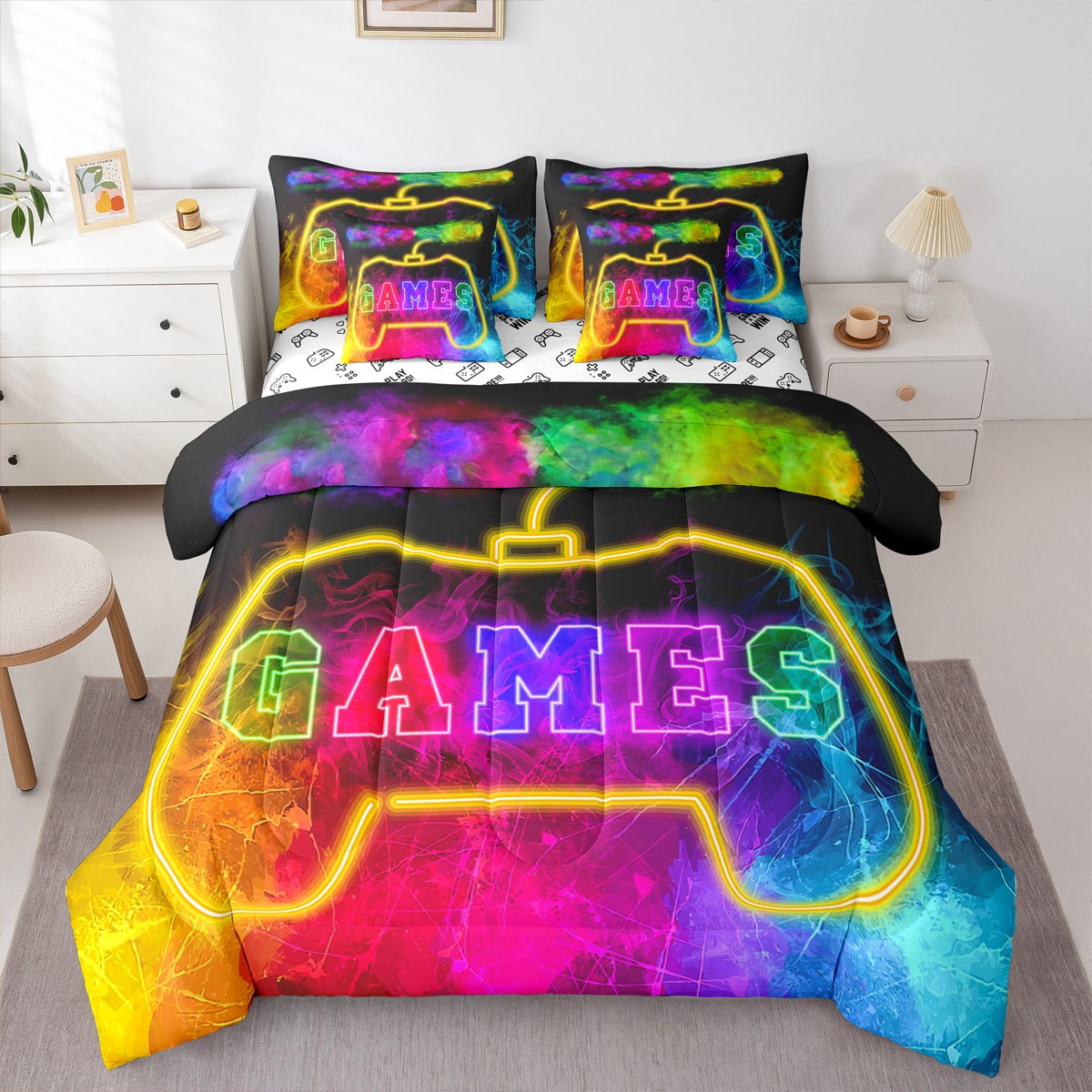 Castle Fairy Boys Abstract Gamepads 7pcs Bedding Comforter Set,Video Game Queen Bedding Sets ...