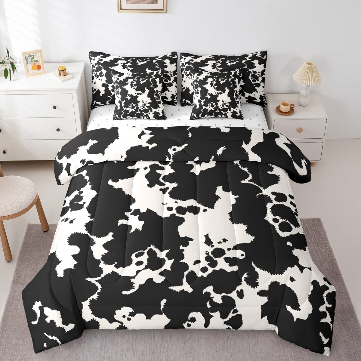 Castle Fairy Boys Cow Print 7 Pieces Bedding Comforter Set,Black White ...