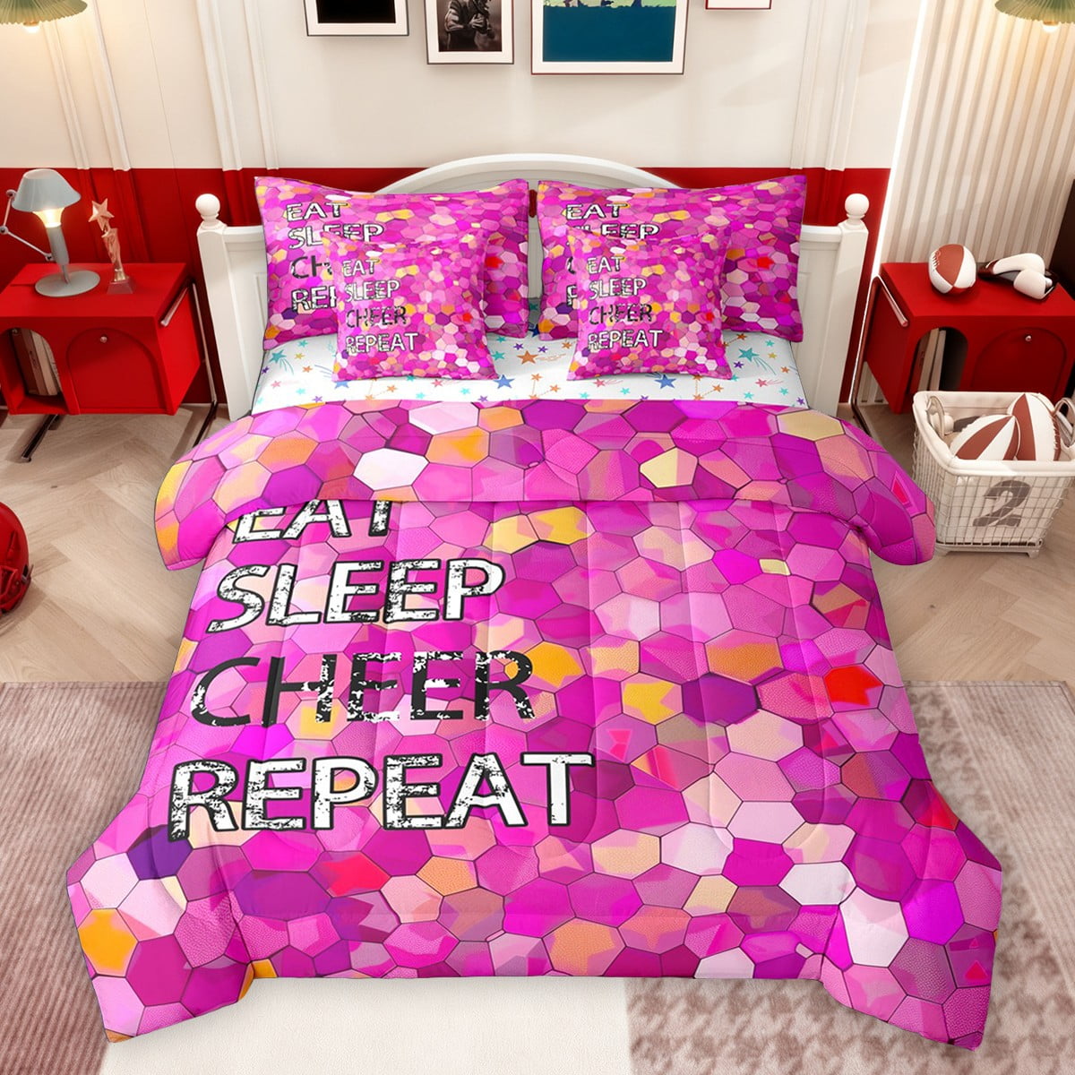 Castle Fairy Boys Girls Eat Sleep Cheer Team Bedding Comforter Set 7 ...
