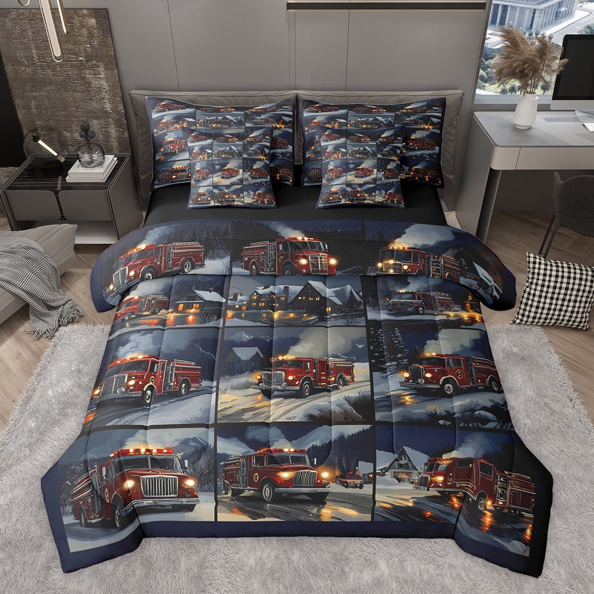 Castle Fairy Boys Girls Fire Truck Bedding Comforter Set,Car Theme Full ...