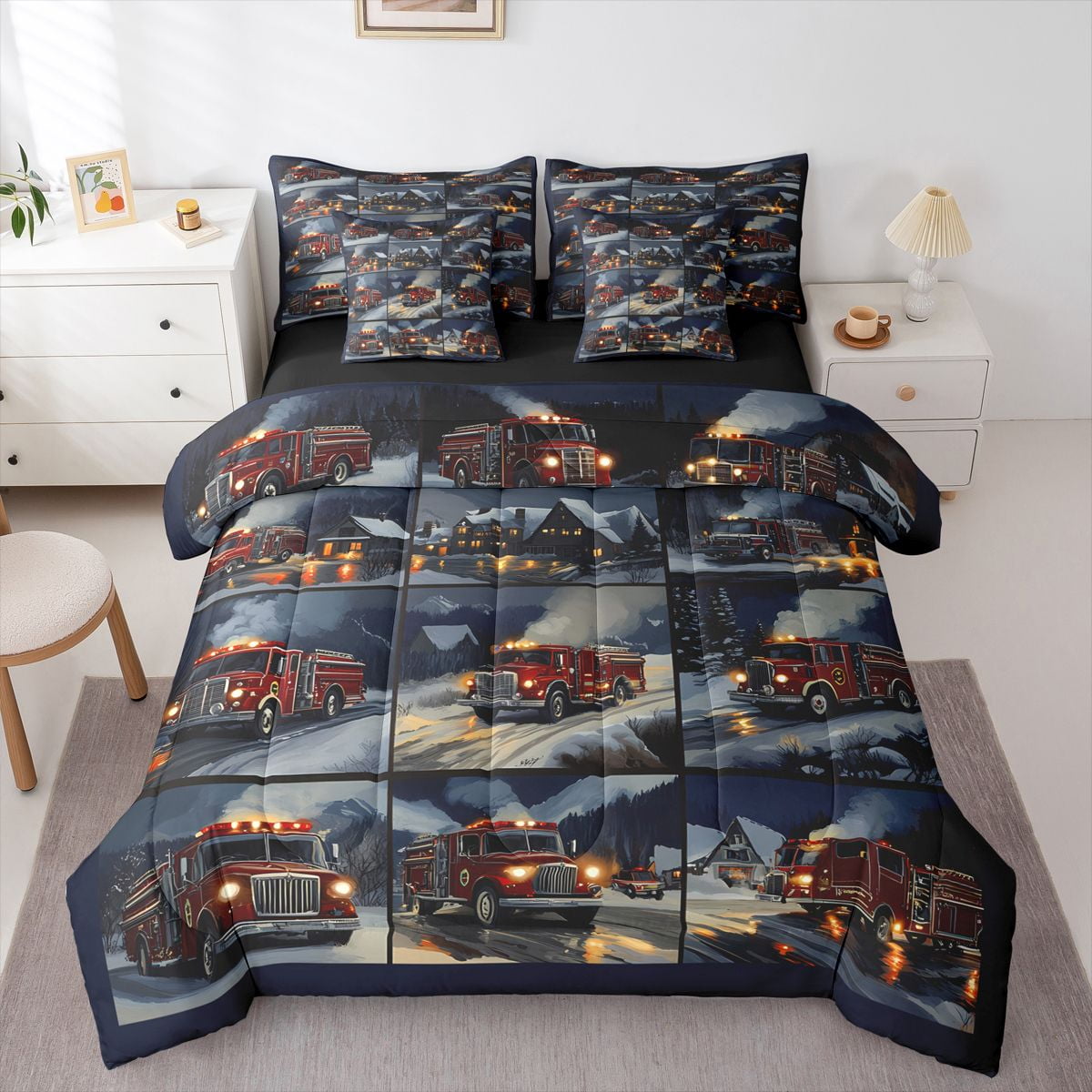 Castle Fairy Boys Girls Fire Truck Bedding Comforter Set,Car Theme ...