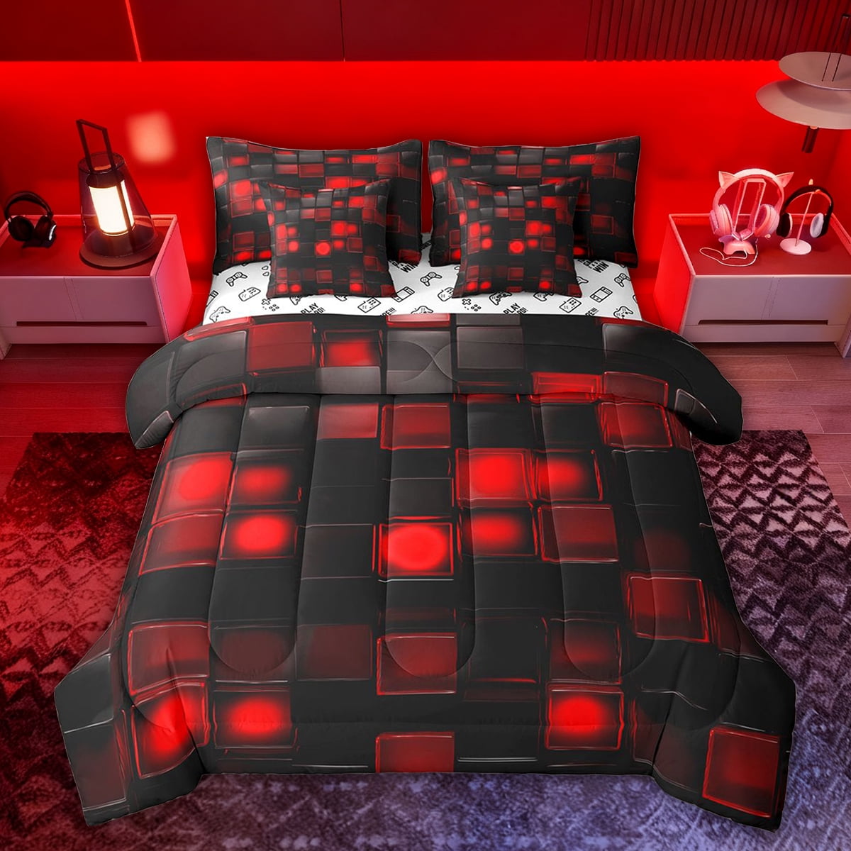 Castle Fairy Boys Girls Geometric Plaid Bedding Comforter Set,Black Red ...