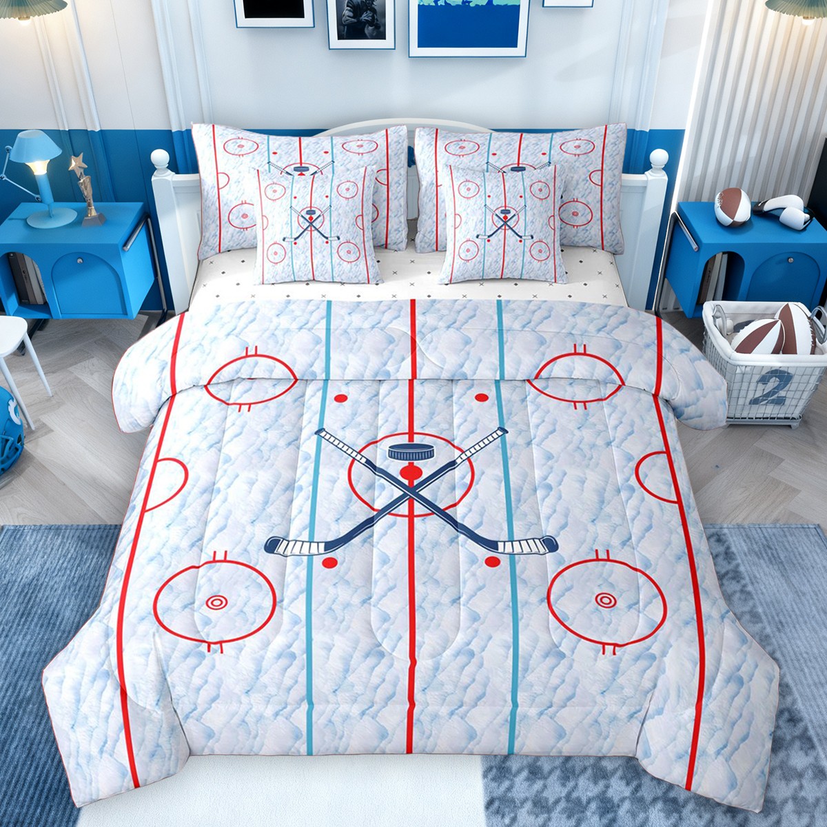 Castle Fairy Boys Girls Ice Hockey Bedding Comforter Set 7 Pieces,Blue ...