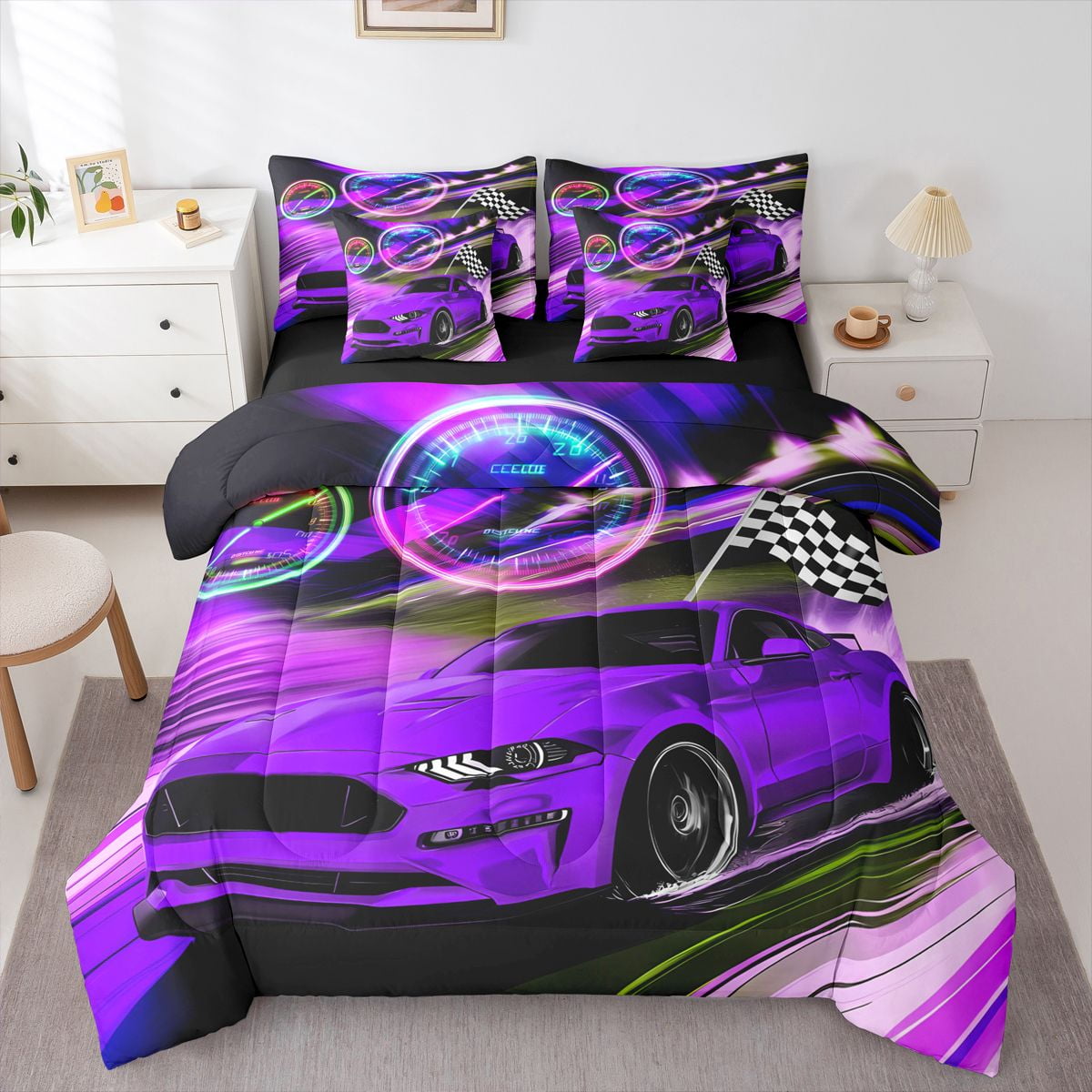 Castle Fairy Boys Girls Purple Car Bedding Comforter Set,Checkered Flag ...