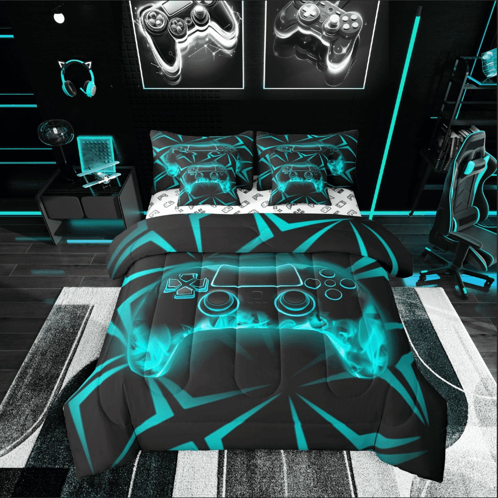 Castle Fairy Boys Gradient Gamer 7pcs Bedding Comforter Set,Black Teal ...