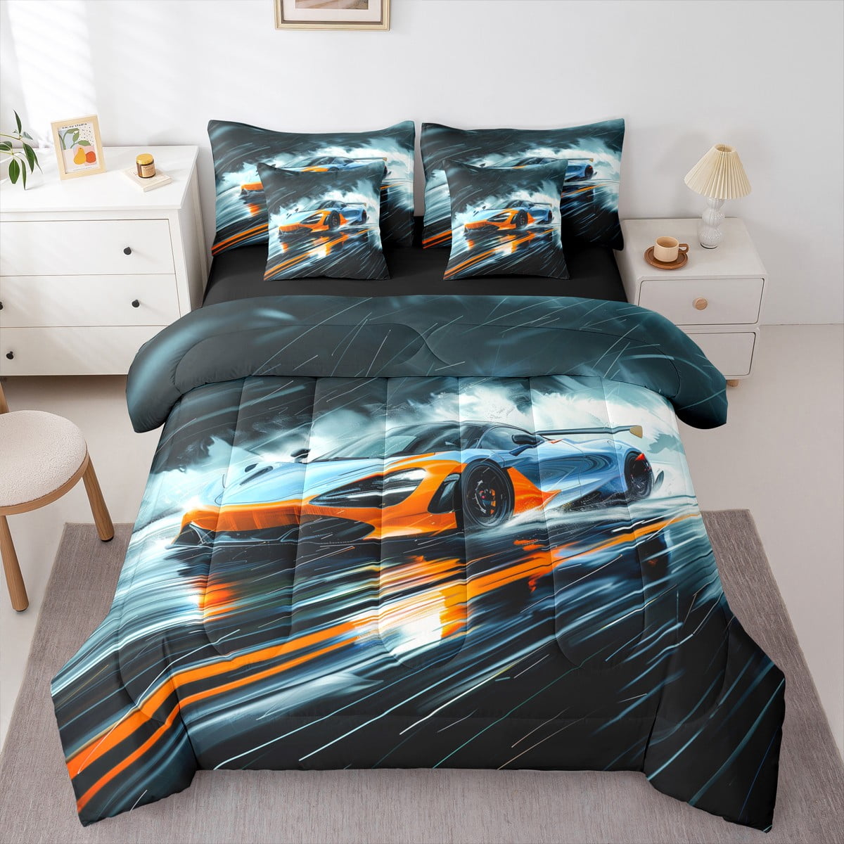 Castle Fairy Boys Orange Racing Car Bedding Comforter Set,Extreme Sport ...
