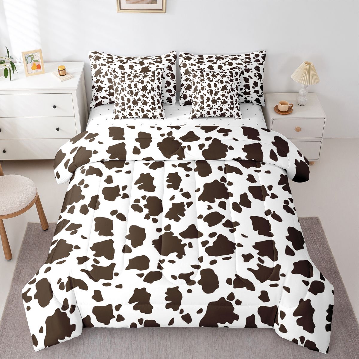 Castle Fairy Brown White Cow Print Bedding Comforter Set 7-Piece for ...