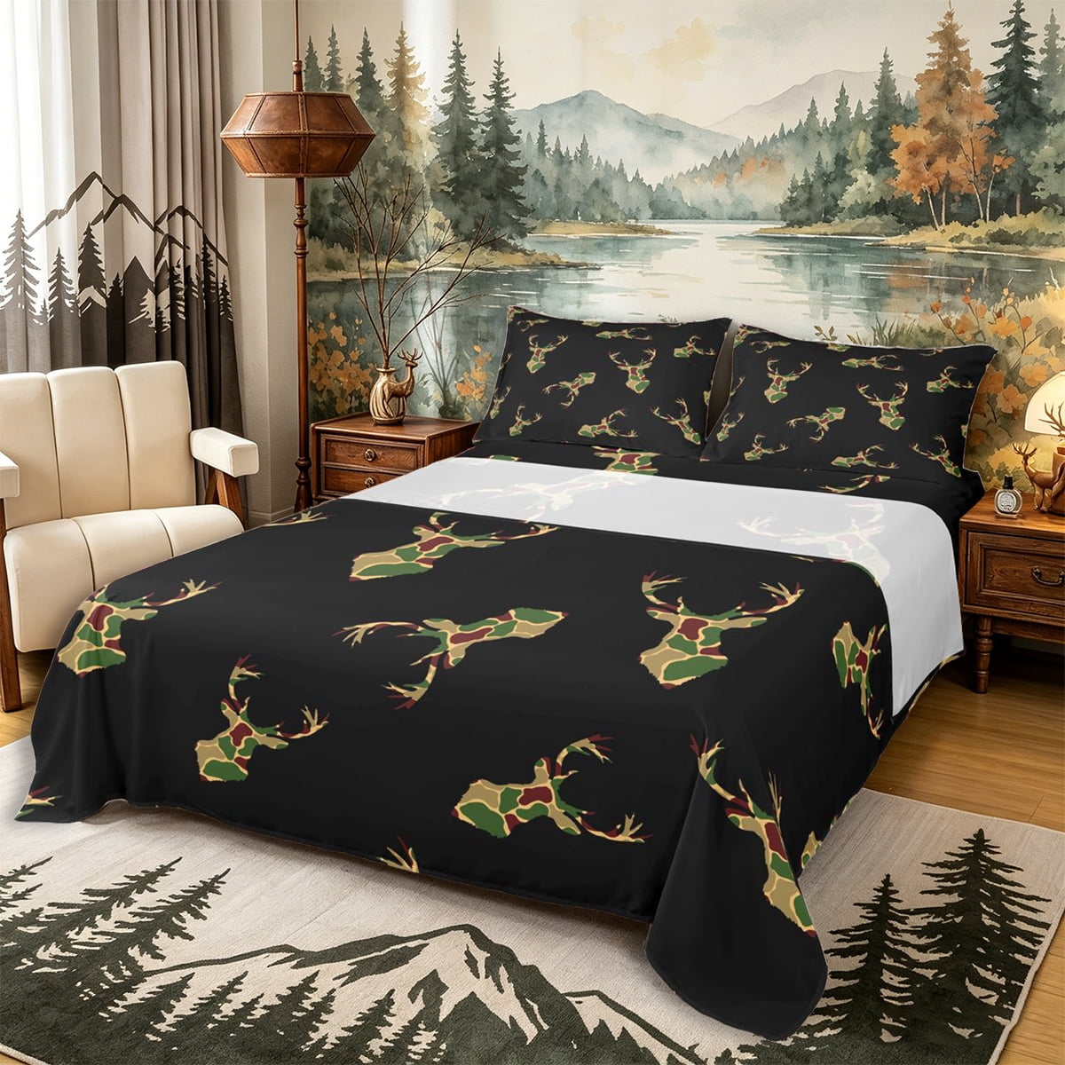 Castle Fairy Camo Deer Bed Sheets 4-Piece,Rustic Woodland Wildlife Full ...