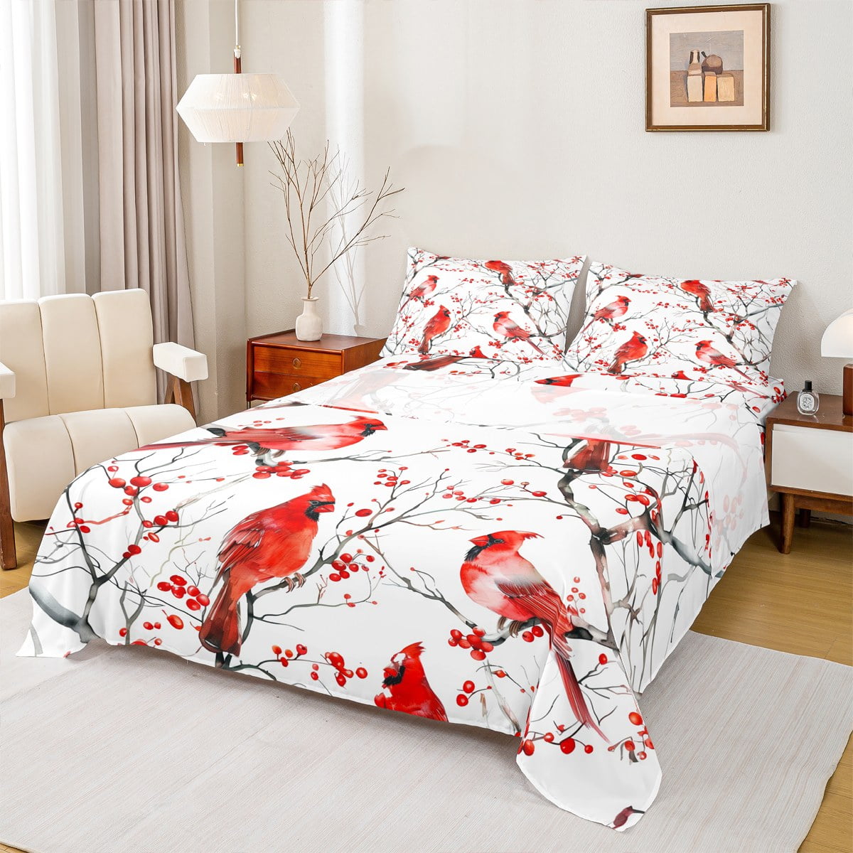 Castle Fairy Cardinal Bird 4-Piece Full Size Sheets,Red Sparrows Bed ...