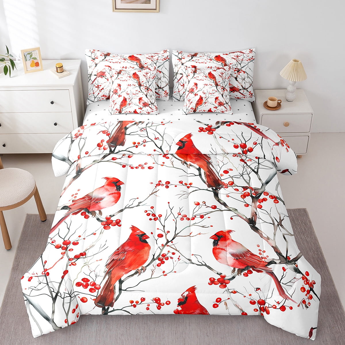 Castle Fairy Cardinal Bird 7 Pieces Bedding Comforter Set,Red Sparrows ...