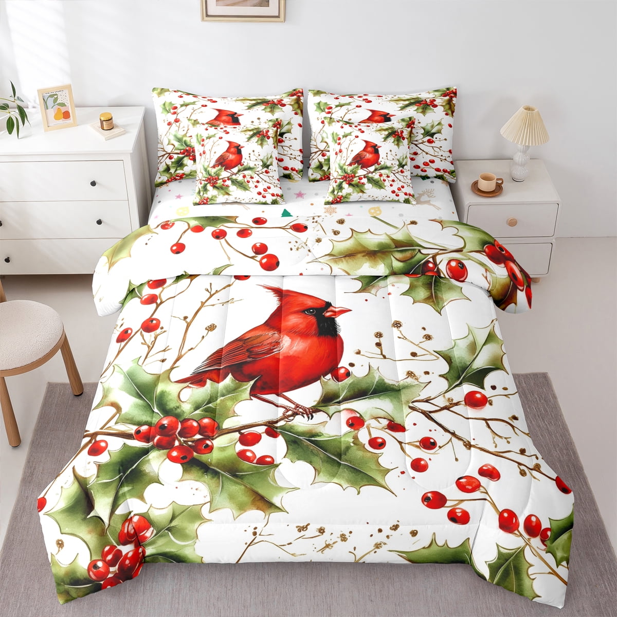 Castle Fairy Cardinal Bird 7Pcs Bedding Comforter Set for For Teens Girls Boys,Christmas Red ...