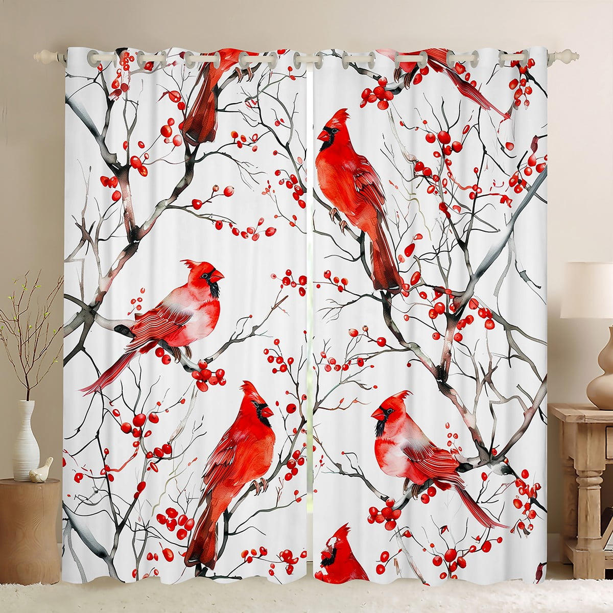 Castle Fairy Cardinal Bird Curtains and Drapes,Red Sparrows Black Out ...