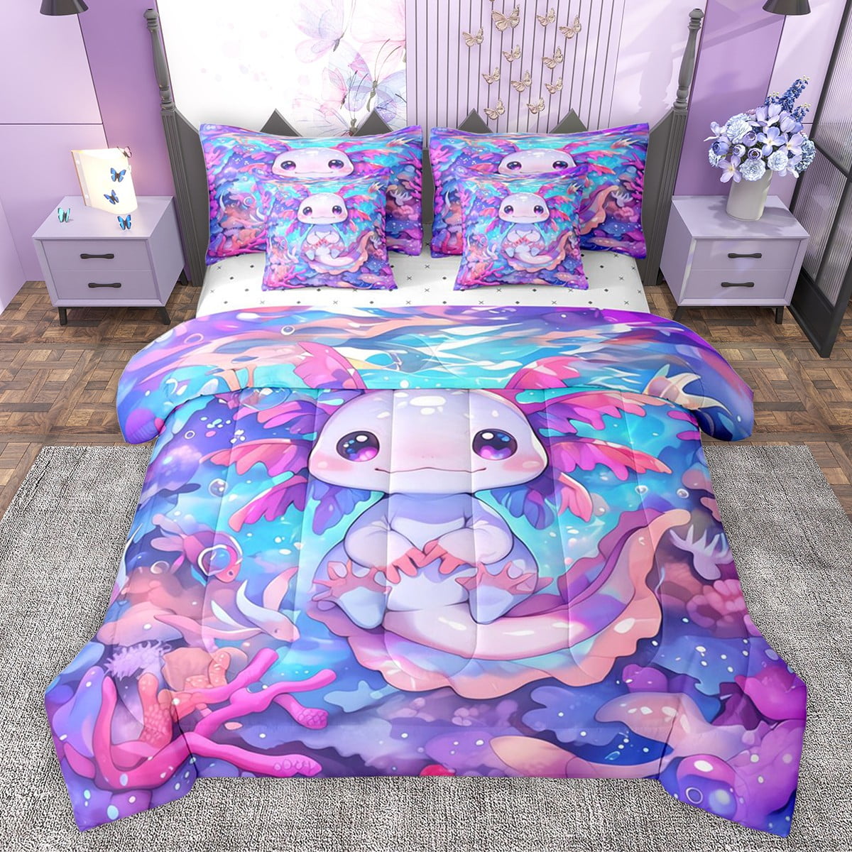 Castle Fairy Cartoon Axolotl Bedding Comforter Set 7-Piece for Preppy ...