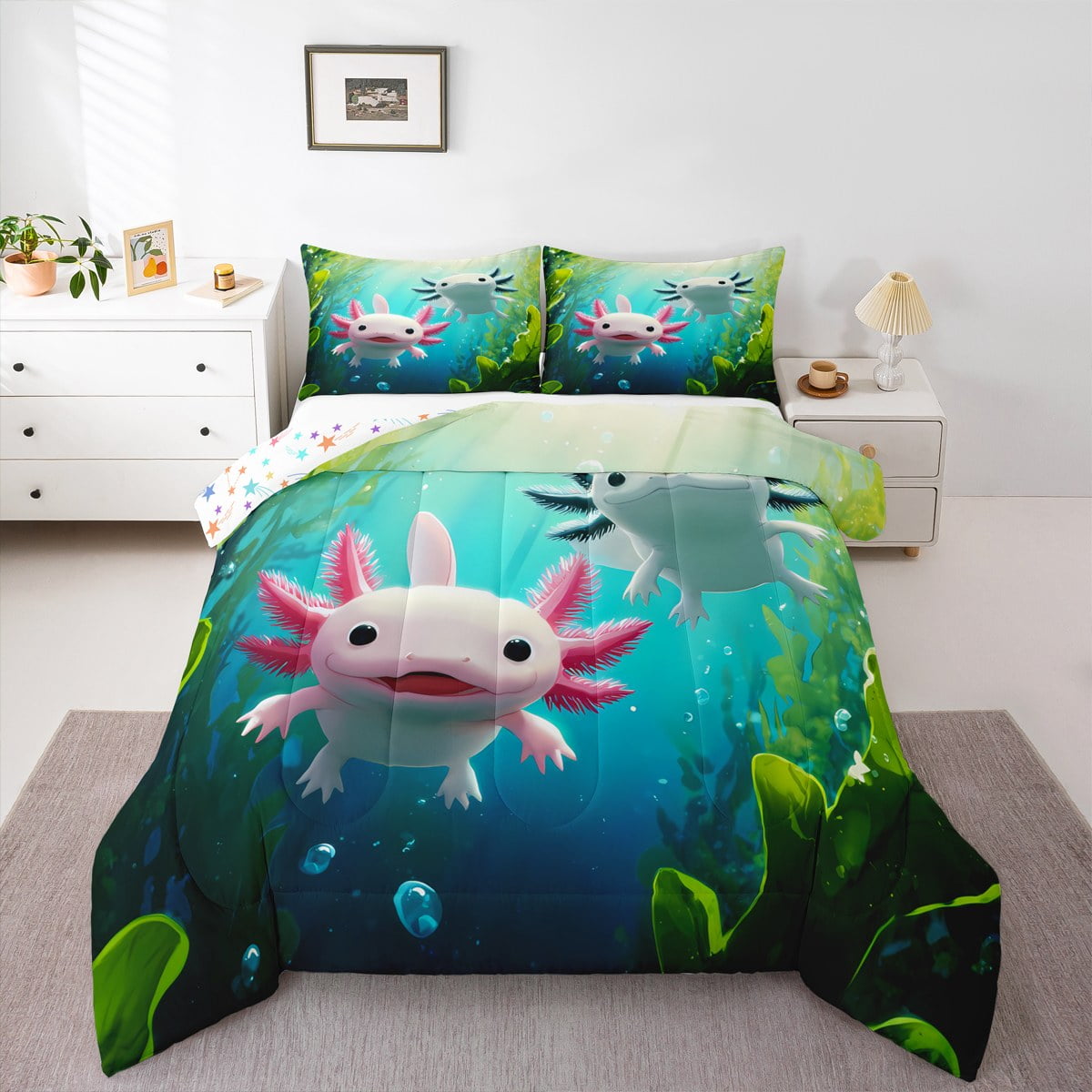 Castle Fairy Cartoon Axolotl Full Size Comforter Sets,Ocean Salamander ...