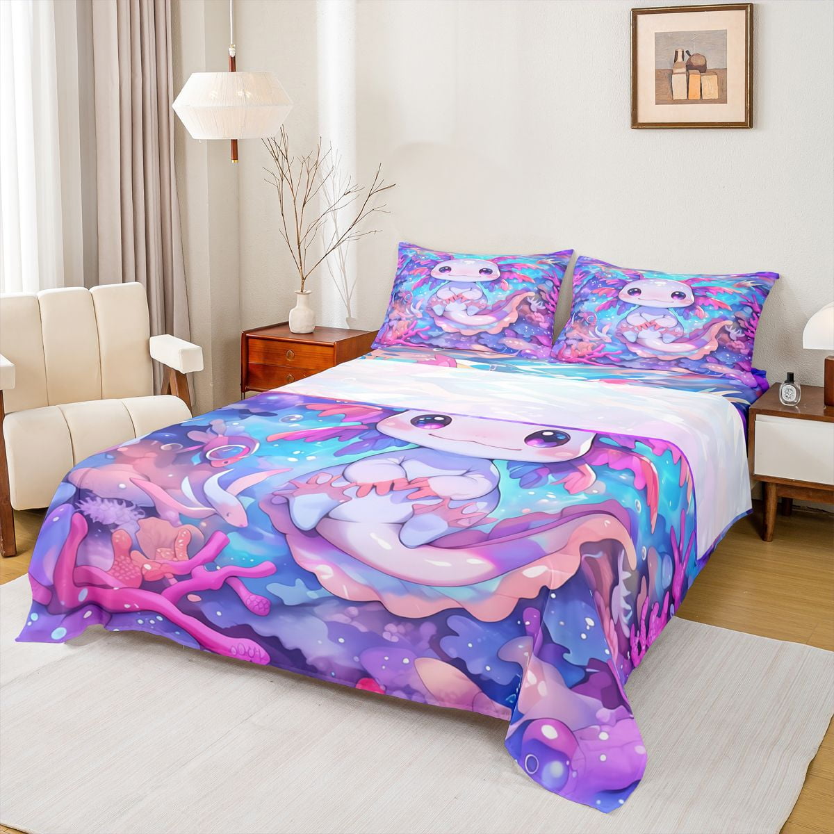 Castle Fairy Cartoon Axolotl Full Size Sheets 4-Piece for Preppy Child ...