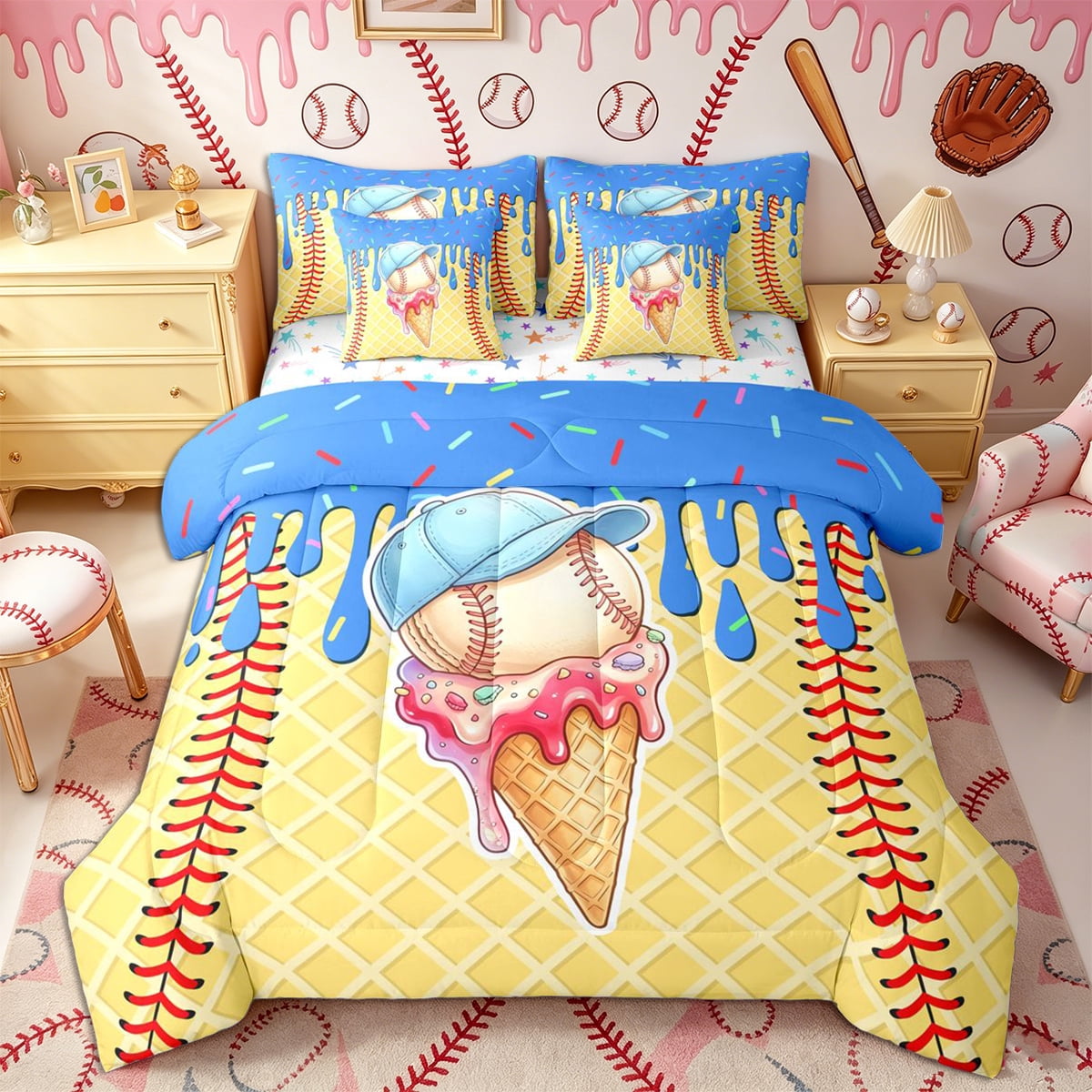 Castle Fairy Cartoon Baseball Queen Bedding 7pcs, Ice Cream Drip Print ...