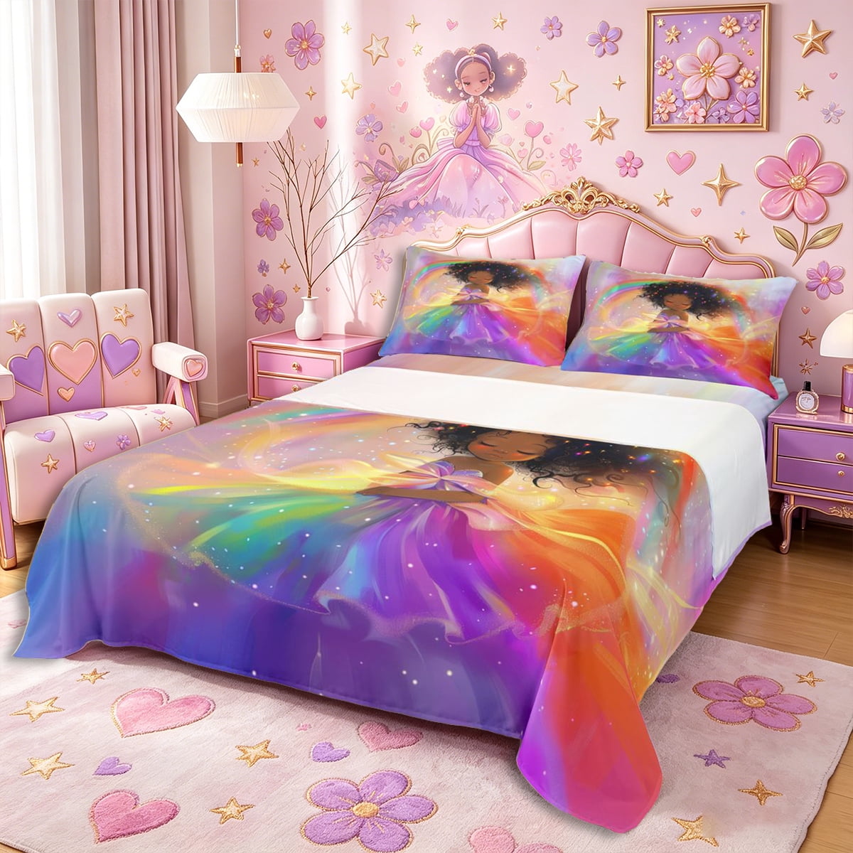 Castle Fairy Cartoon Black Girl Bed Sheets 4-Piece,Rainbow Dreamy ...