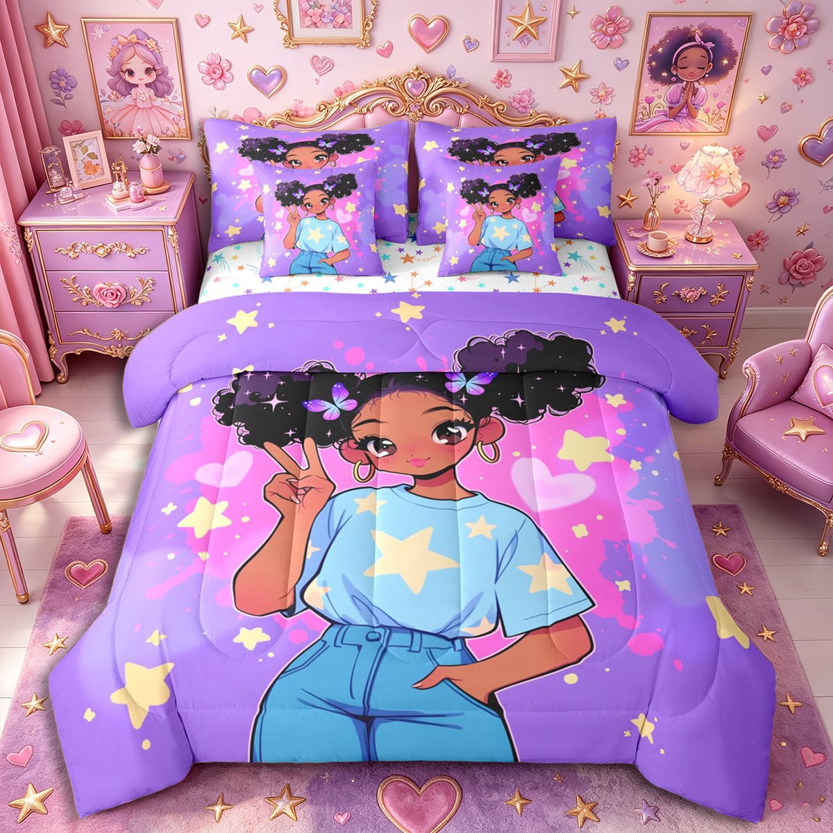 Castle Fairy Cartoon Black Girl Twin Bedding 7-Piece,Retro Star Pattern ...