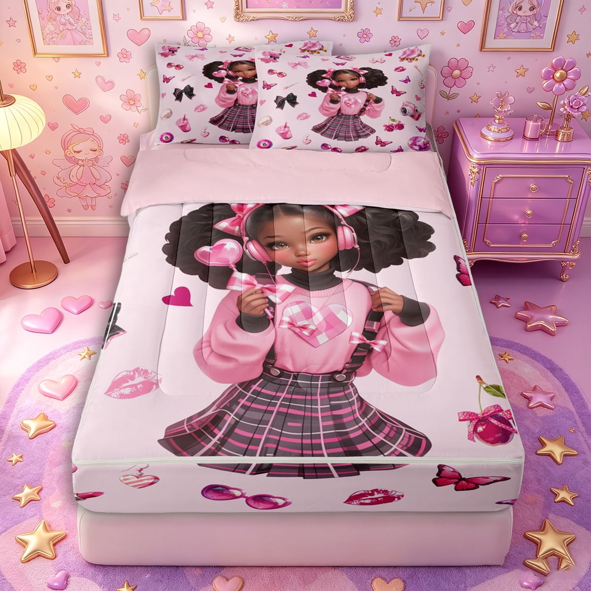 Castle Fairy Cartoon Black Girl Zipper Full Size Comforter Sets with ...