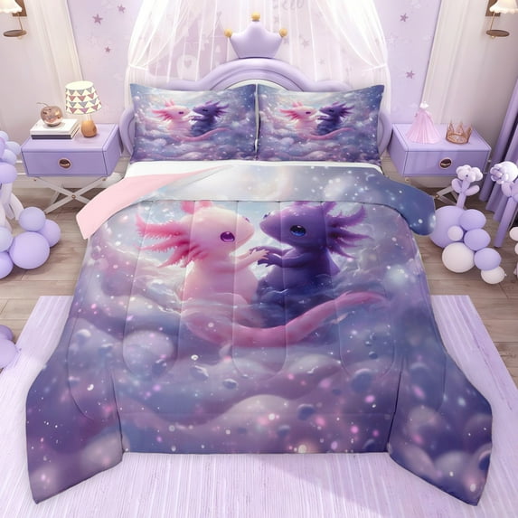 Castle Fairy Cartoon Black Pink Axolotl Full Size Comforter Sets,Cute ...