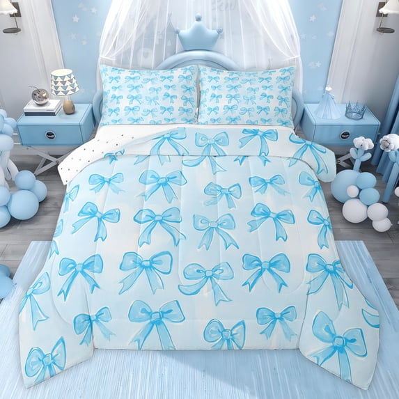 Castle Fairy Cartoon Blue Bow Queen Comforter Set,Ribbon Bowknot ...