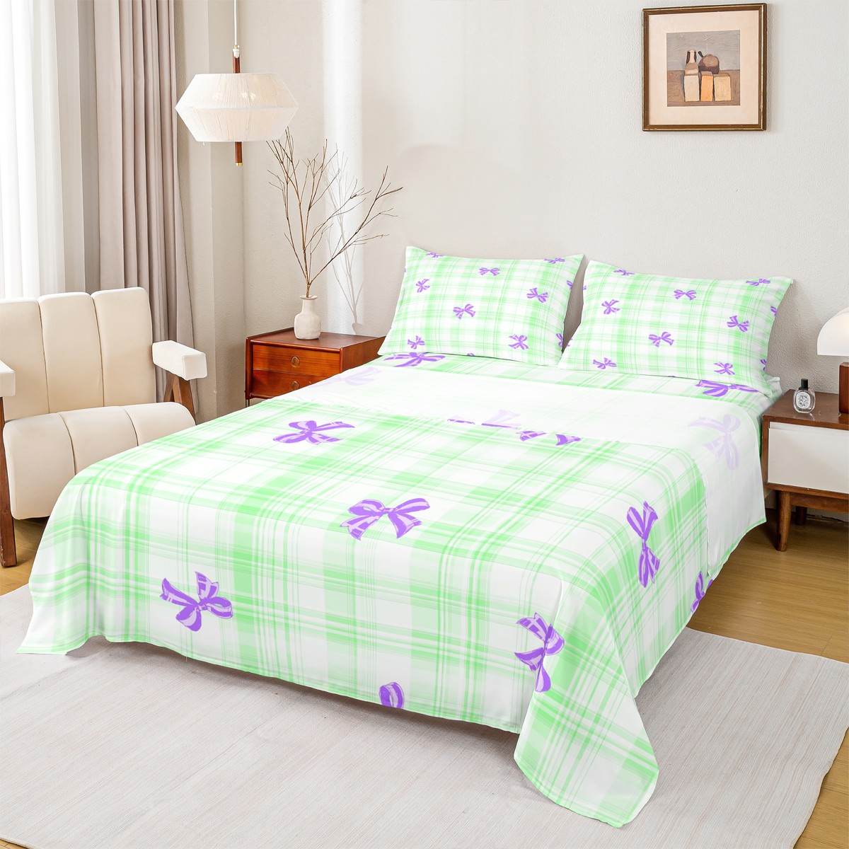 Castle Fairy Cartoon Bow 4-Piece Full Size Sheets,Green Plaid Bed ...