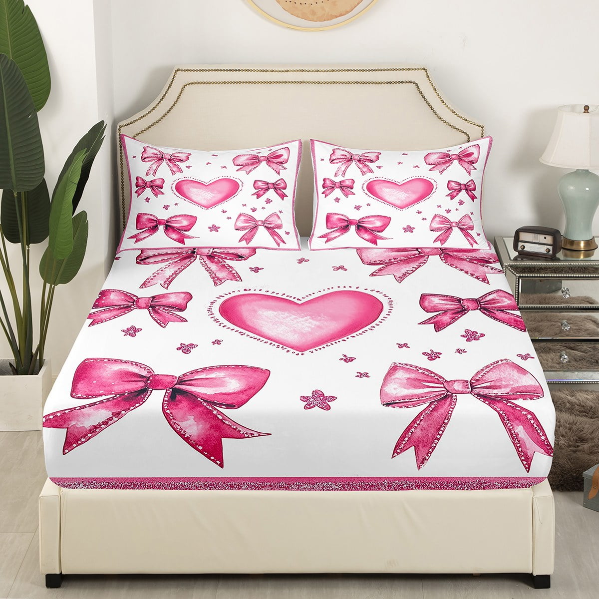 Castle Fairy Cartoon Bow 4-Piece Full Size Sheets,Love Heart Print Bed ...